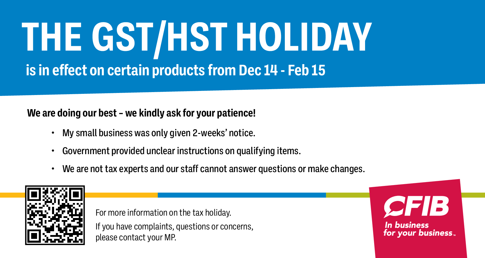 GST/HST holiday: CFIB calls on customers for patience with small businesses struggling with an ...